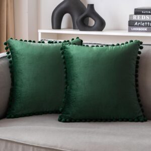 woaboy decorative pillow covers 18x18 dark green throw pillows pack of 2 cozy soft pom-poms velvet couch pillow covers home decor for farmhouse cushion sofa bedroom