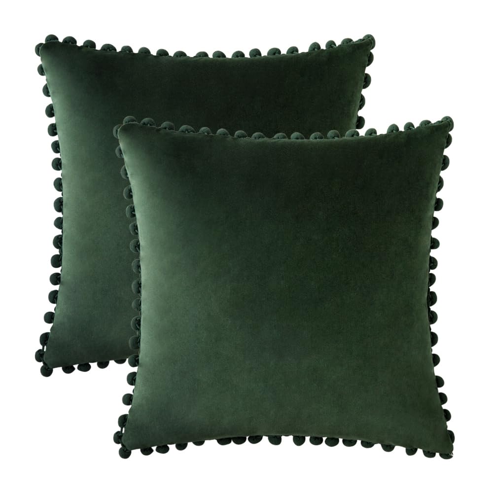 Woaboy Decorative Pillow Covers 18x18 Dark Green Throw Pillows Pack of 2 Cozy Soft Pom-poms Velvet Couch Pillow Covers Home Decor for Farmhouse Cushion Sofa Bedroom