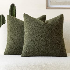 foindtower pack of 2, curly faux fur decorative throw pillow covers soft plush cushion case with zipper cozy fluffy boho pillowcase for home living room couch bed sofa 18 x 18 inch, moss green