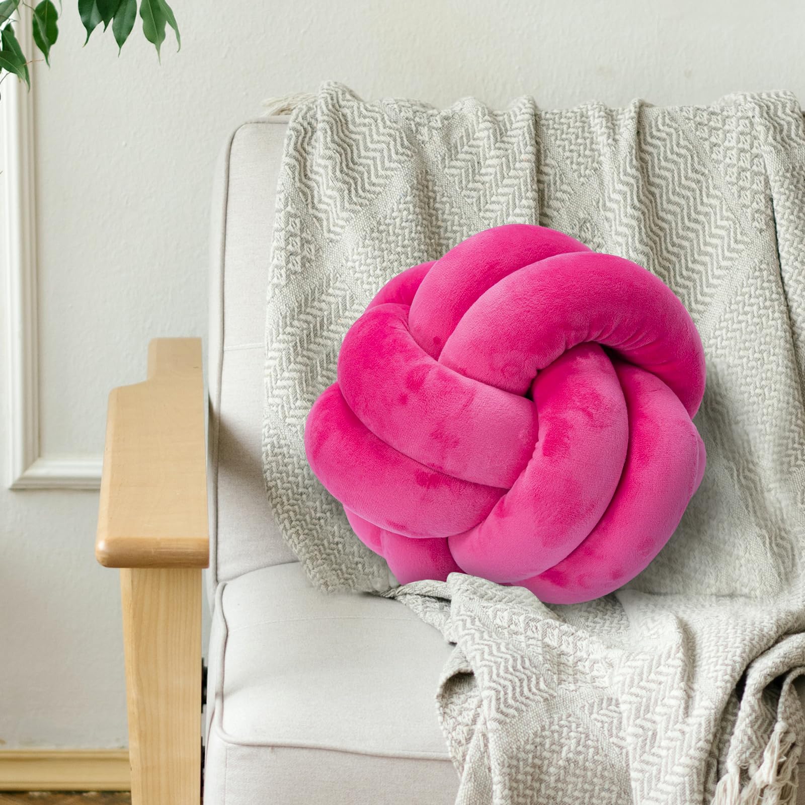 FPYWO Knot Pillow Ball Hot Pink Decorative Throw Pillow,Soft Home Round Pillow,Small Ball Pillows,Handmade Plush Pillow Cushion for Bedroom, Sofa, Couch