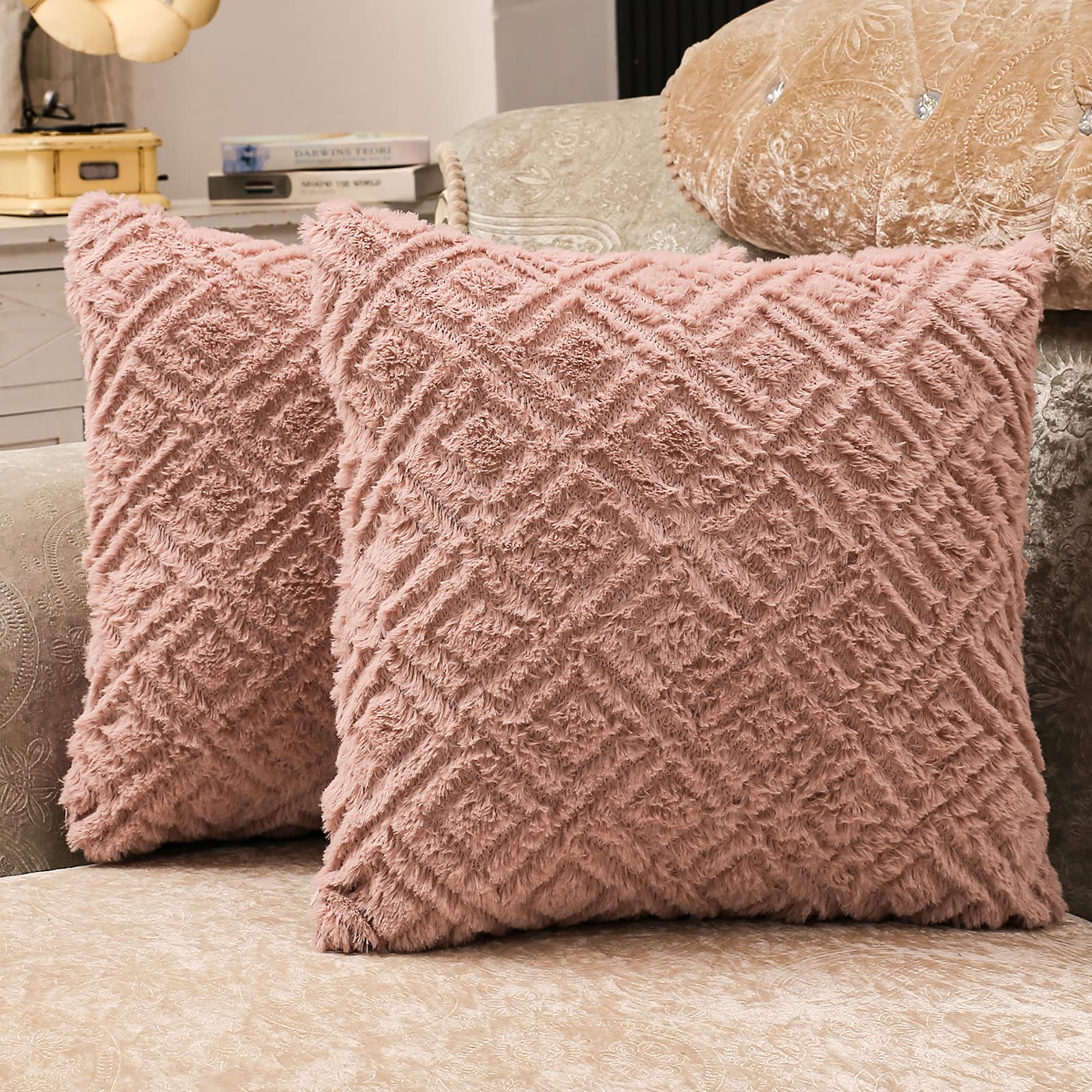 ETASOP Set of 2 Couch Pillows with Inserts 18x18, Spring Decorative Pillow Covers Velvet Throw Pillows with Inserts Included Farmhouse Cushions (Pink)