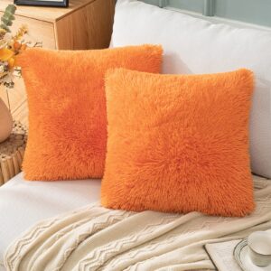 emema orange fall faux fur throw pillow covers 18x18 inch set of 2 fluffy pillowcase fuzzy fleece decorative square cute home decor luxury soft mongolian for couch sofa bed livingroom halloween