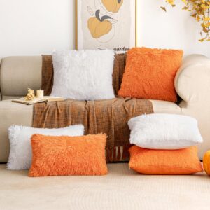 EMEMA Orange Fall Faux Fur Throw Pillow Covers 18x18 Inch Set of 2 Fluffy Pillowcase Fuzzy Fleece Decorative Square Cute Home Decor Luxury Soft Mongolian for Couch Sofa Bed Livingroom Halloween