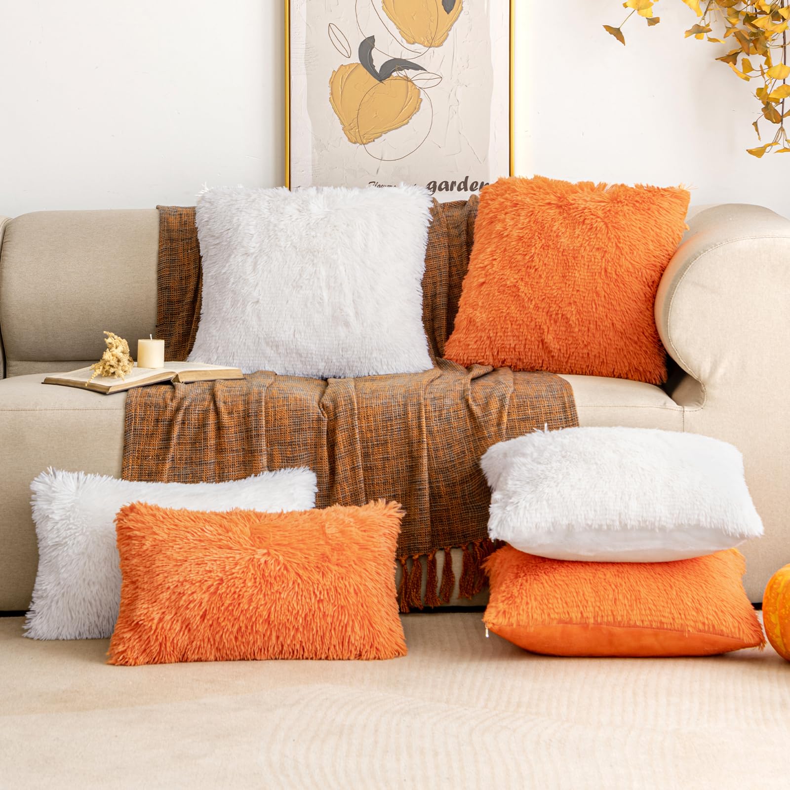 EMEMA Orange Fall Faux Fur Throw Pillow Covers 18x18 Inch Set of 2 Fluffy Pillowcase Fuzzy Fleece Decorative Square Cute Home Decor Luxury Soft Mongolian for Couch Sofa Bed Livingroom Halloween