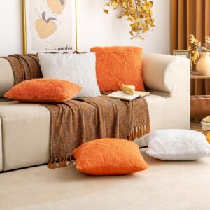 EMEMA Orange Fall Faux Fur Throw Pillow Covers 18x18 Inch Set of 2 Fluffy Pillowcase Fuzzy Fleece Decorative Square Cute Home Decor Luxury Soft Mongolian for Couch Sofa Bed Livingroom Halloween