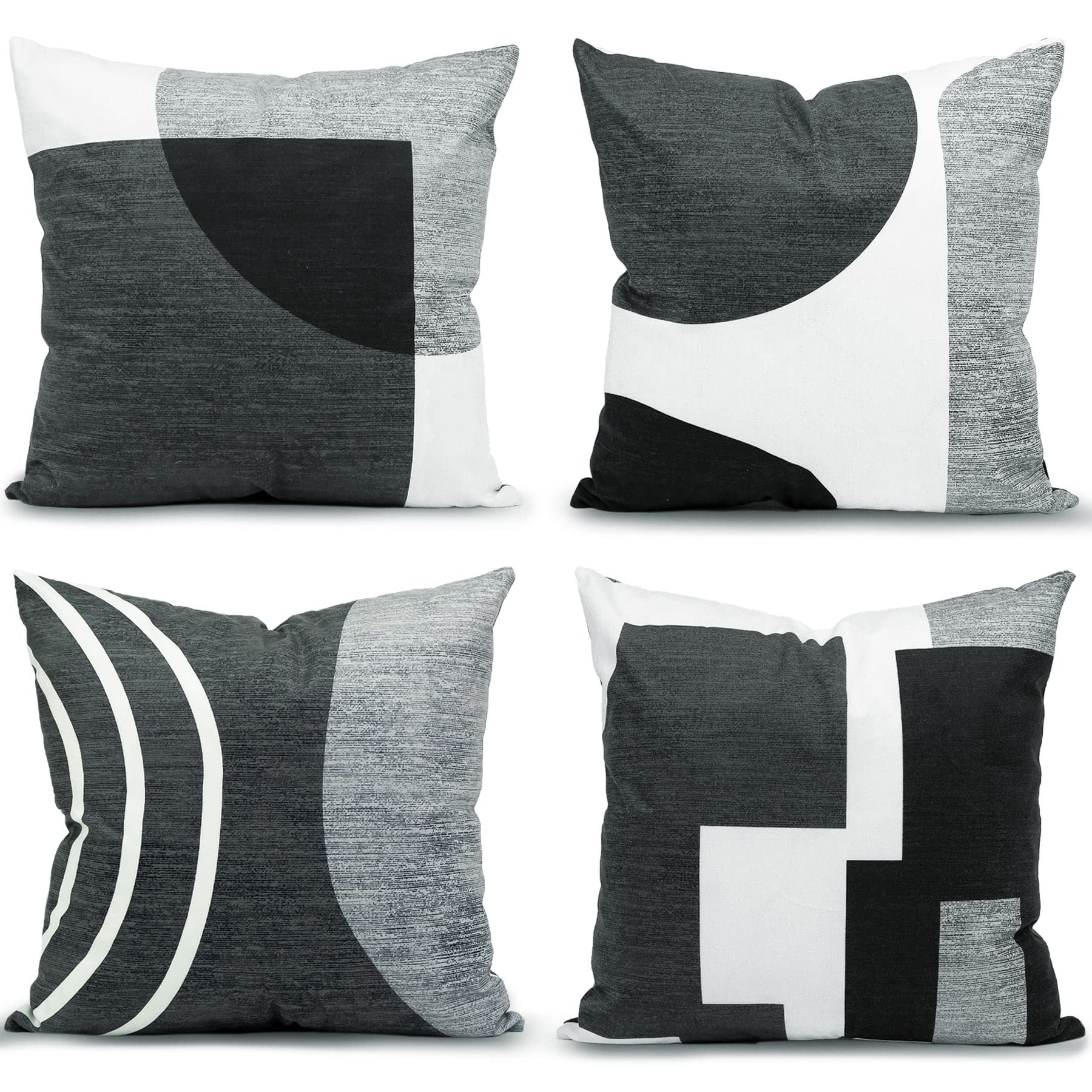 Whim-Wham Set of 4 Black and White Decorative Pillow Covers Gray Silver Boho Throw Pillows for Couch Abstract Geometric Modern Pillowcases 18x18 inches for Bed Bedroom.