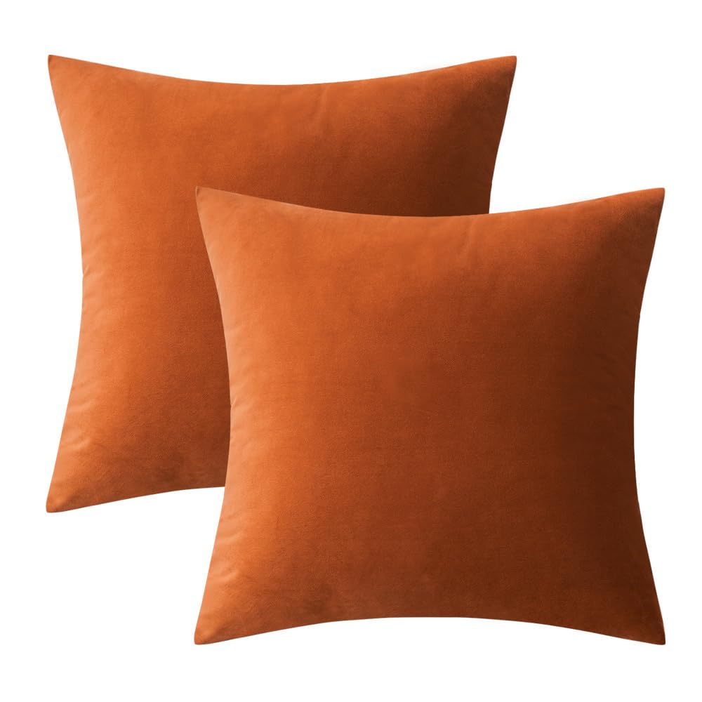 MIULEE Pack of 2 Velvet Soft Solid Decorative Square Throw Pillow Covers Set Fall Cushion Cases for Sofa Bedroom Car 18x18 Inch 45x45 Cm Orange