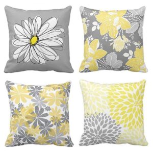 emvency set of 4 throw pillow covers gray and yellow modern daisy with pretty white floral hand couch sofa decorative pillow cases cushion home decor square 18x18 inches pillowcases