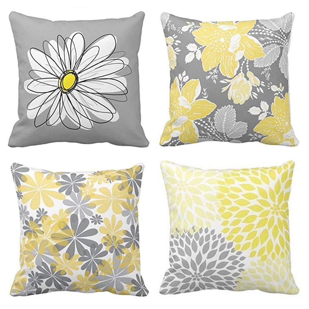 Emvency Set of 4 Throw Pillow Covers Gray and Yellow Modern Daisy with Pretty White Floral Hand Couch Sofa Decorative Pillow Cases Cushion Home Decor Square 18x18 Inches Pillowcases