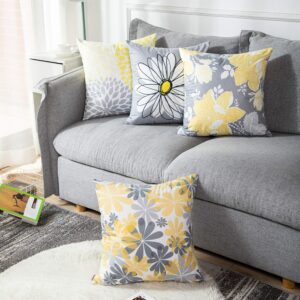 Emvency Set of 4 Throw Pillow Covers Gray and Yellow Modern Daisy with Pretty White Floral Hand Couch Sofa Decorative Pillow Cases Cushion Home Decor Square 18x18 Inches Pillowcases