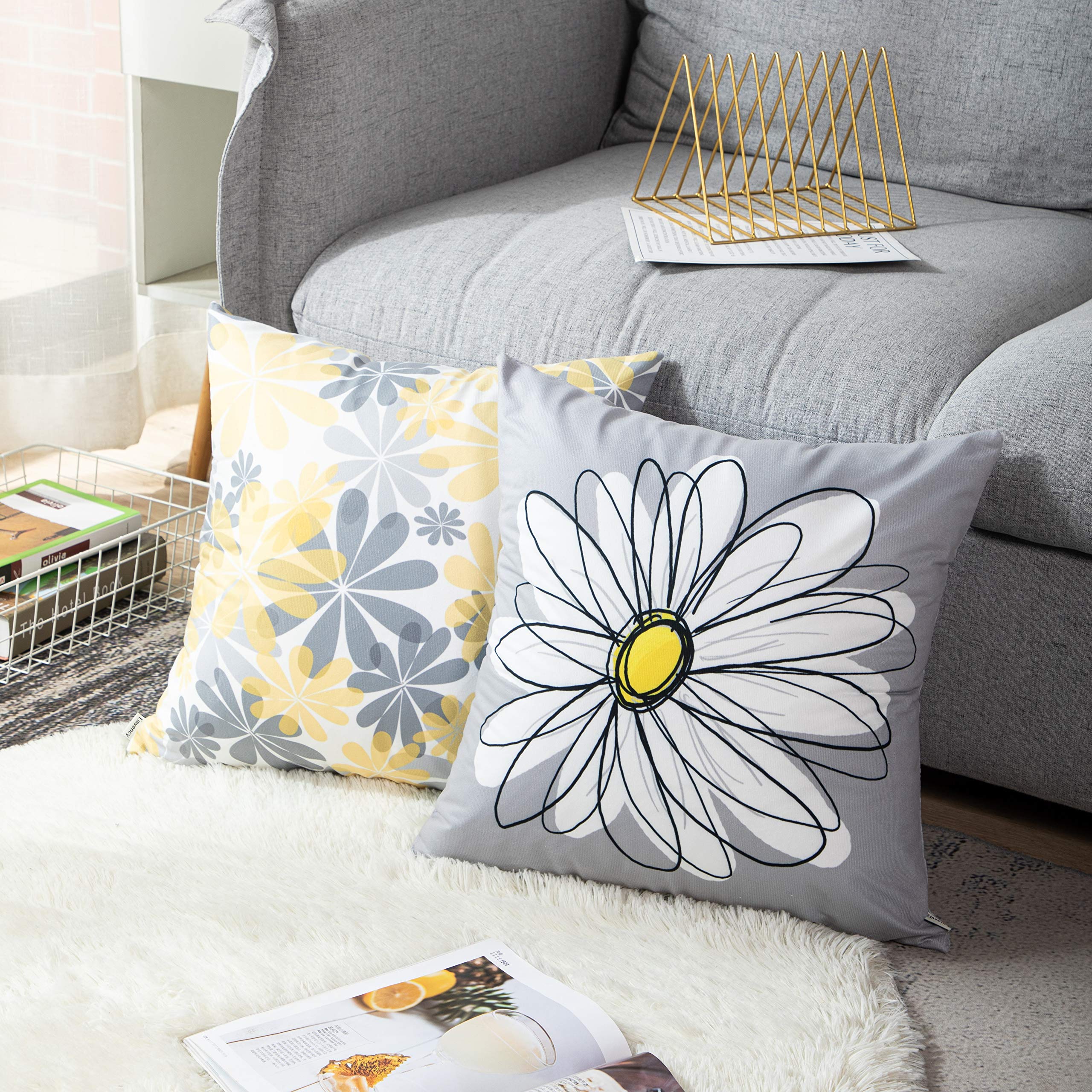 Emvency Set of 4 Throw Pillow Covers Gray and Yellow Modern Daisy with Pretty White Floral Hand Couch Sofa Decorative Pillow Cases Cushion Home Decor Square 18x18 Inches Pillowcases