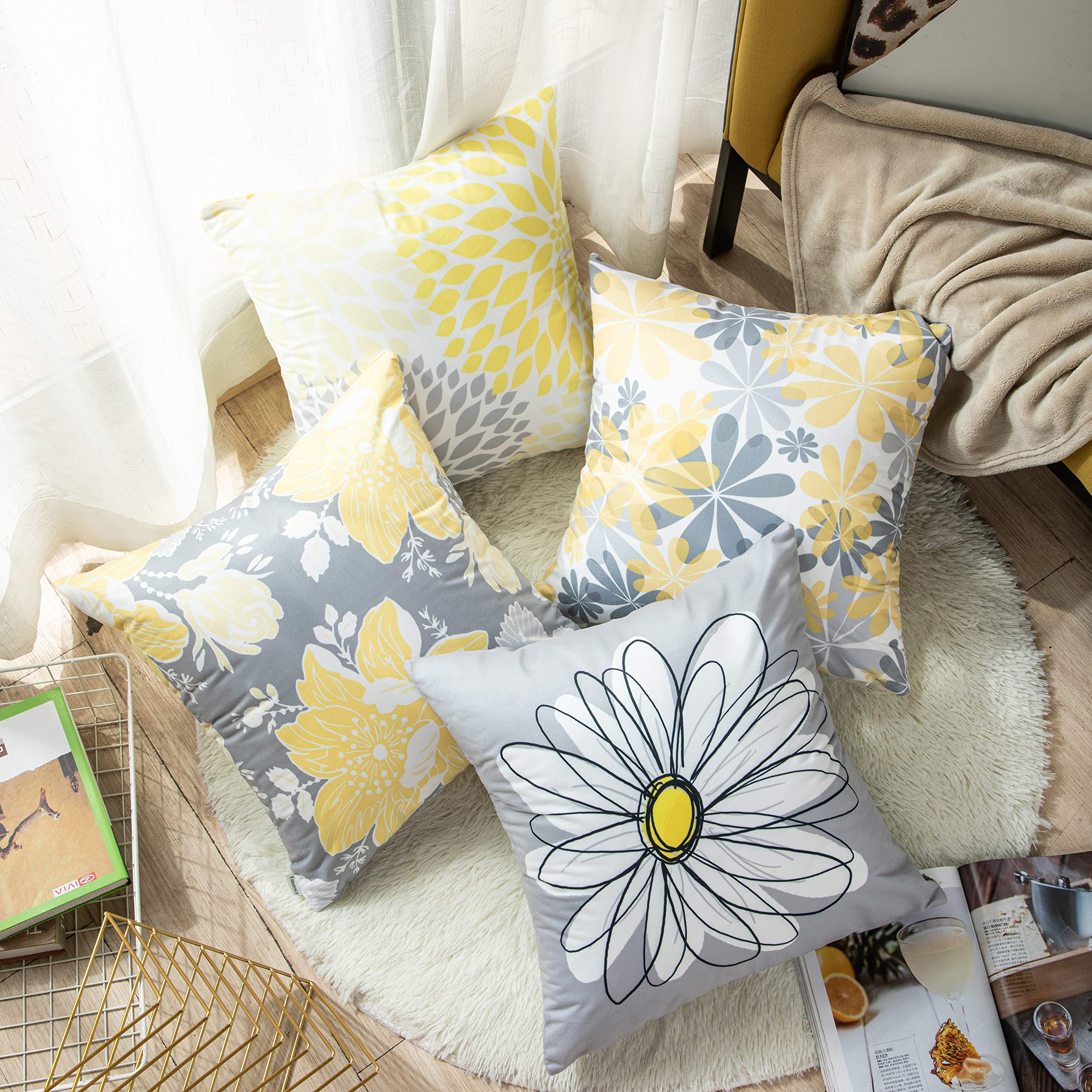 Emvency Set of 4 Throw Pillow Covers Gray and Yellow Modern Daisy with Pretty White Floral Hand Couch Sofa Decorative Pillow Cases Cushion Home Decor Square 18x18 Inches Pillowcases