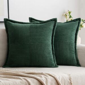 woaboy corduroy pillow covers 18x18 inch dark green set of 2 super soft boho striped couch covers broadside splicing decorative textured throw pillows for cushion livingroom