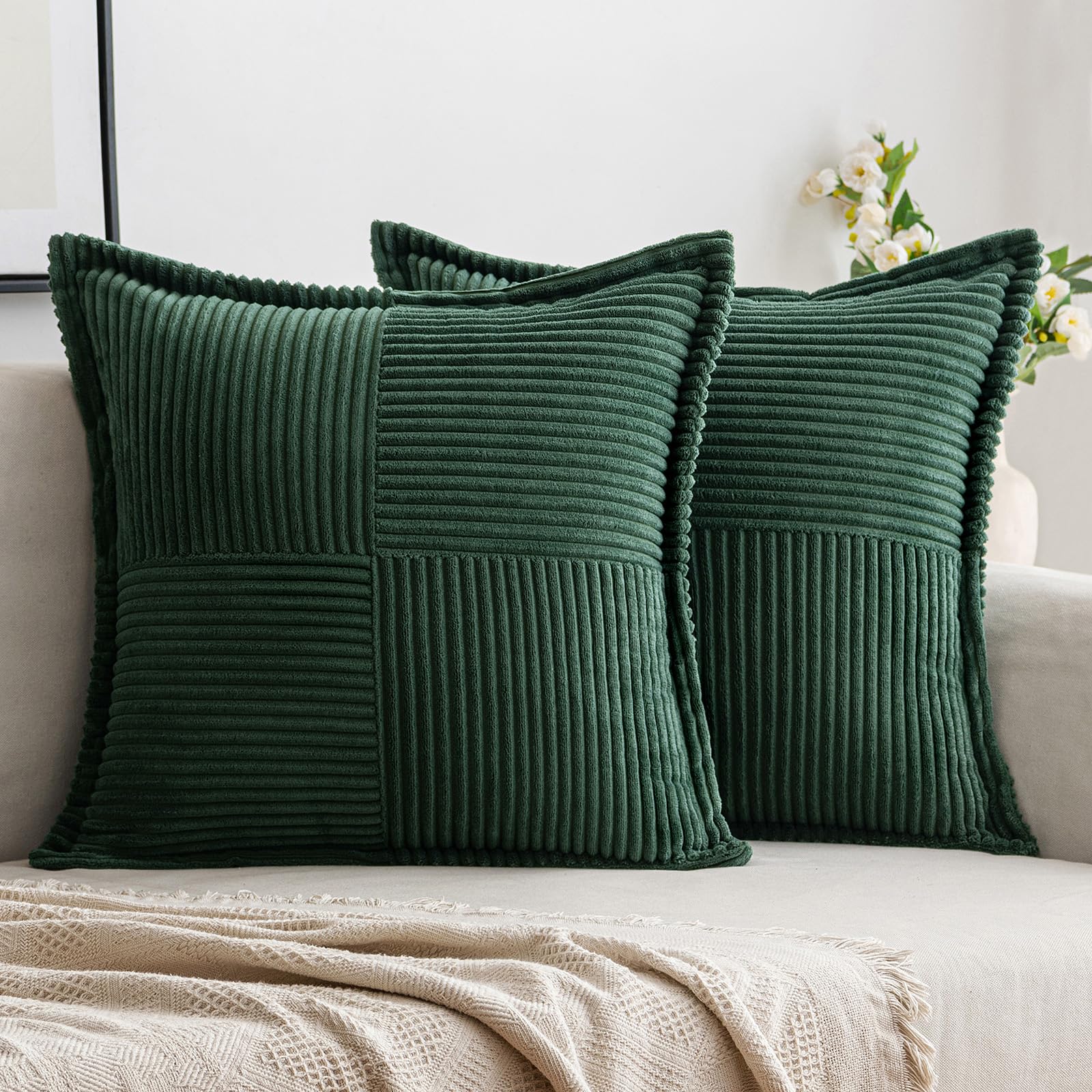 Woaboy Corduroy Pillow Covers 18x18 Inch Dark Green Set of 2 Super Soft Boho Striped Couch Covers Broadside Splicing Decorative Textured Throw Pillows for Cushion Livingroom