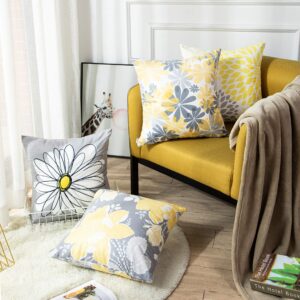 Emvency Set of 4 Throw Pillow Covers Gray and Yellow Modern Daisy with Pretty White Floral Hand Couch Sofa Decorative Pillow Cases Cushion Home Decor Square 18x18 Inches Pillowcases