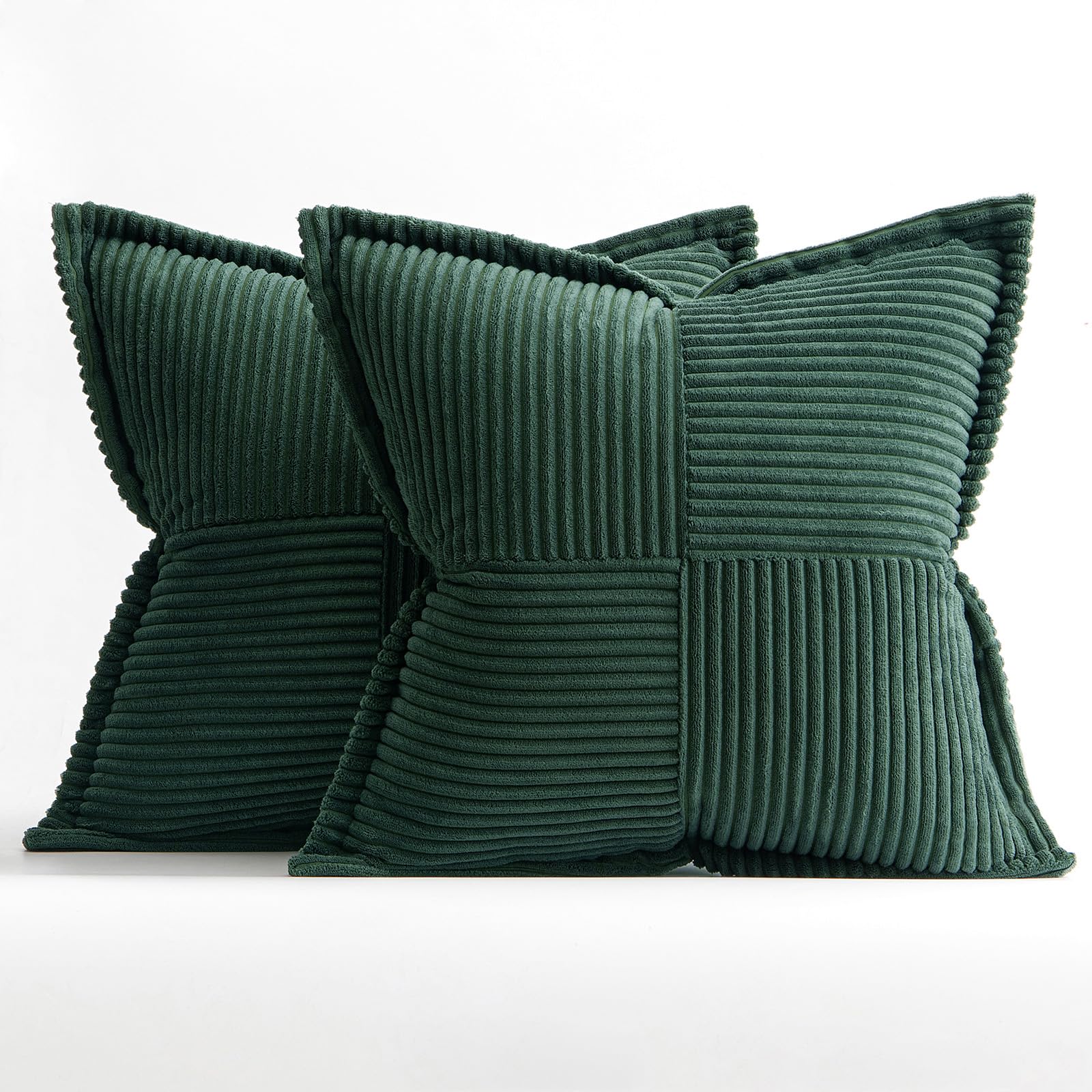 Woaboy Corduroy Pillow Covers 18x18 Inch Dark Green Set of 2 Super Soft Boho Striped Couch Covers Broadside Splicing Decorative Textured Throw Pillows for Cushion Livingroom