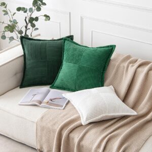 Woaboy Corduroy Pillow Covers 18x18 Inch Dark Green Set of 2 Super Soft Boho Striped Couch Covers Broadside Splicing Decorative Textured Throw Pillows for Cushion Livingroom