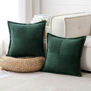 Woaboy Corduroy Pillow Covers 18x18 Inch Dark Green Set of 2 Super Soft Boho Striped Couch Covers Broadside Splicing Decorative Textured Throw Pillows for Cushion Livingroom