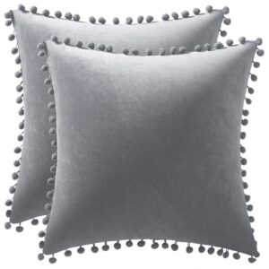 dezene decorative pillow cases 18x18 light-grey: 2 pack cozy soft pom-poms velvet square throw pillow covers for farmhouse home decor