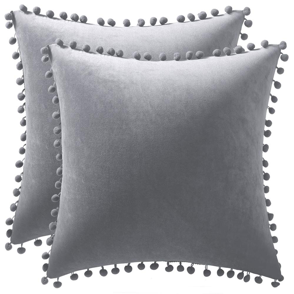 DEZENE Decorative Pillow Cases 18x18 Light-Grey: 2 Pack Cozy Soft Pom-poms Velvet Square Throw Pillow Covers for Farmhouse Home Decor