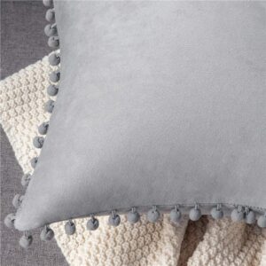 DEZENE Decorative Pillow Cases 18x18 Light-Grey: 2 Pack Cozy Soft Pom-poms Velvet Square Throw Pillow Covers for Farmhouse Home Decor