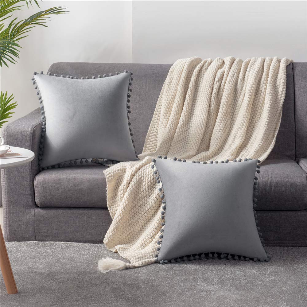 DEZENE Decorative Pillow Cases 18x18 Light-Grey: 2 Pack Cozy Soft Pom-poms Velvet Square Throw Pillow Covers for Farmhouse Home Decor