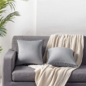 DEZENE Decorative Pillow Cases 18x18 Light-Grey: 2 Pack Cozy Soft Pom-poms Velvet Square Throw Pillow Covers for Farmhouse Home Decor