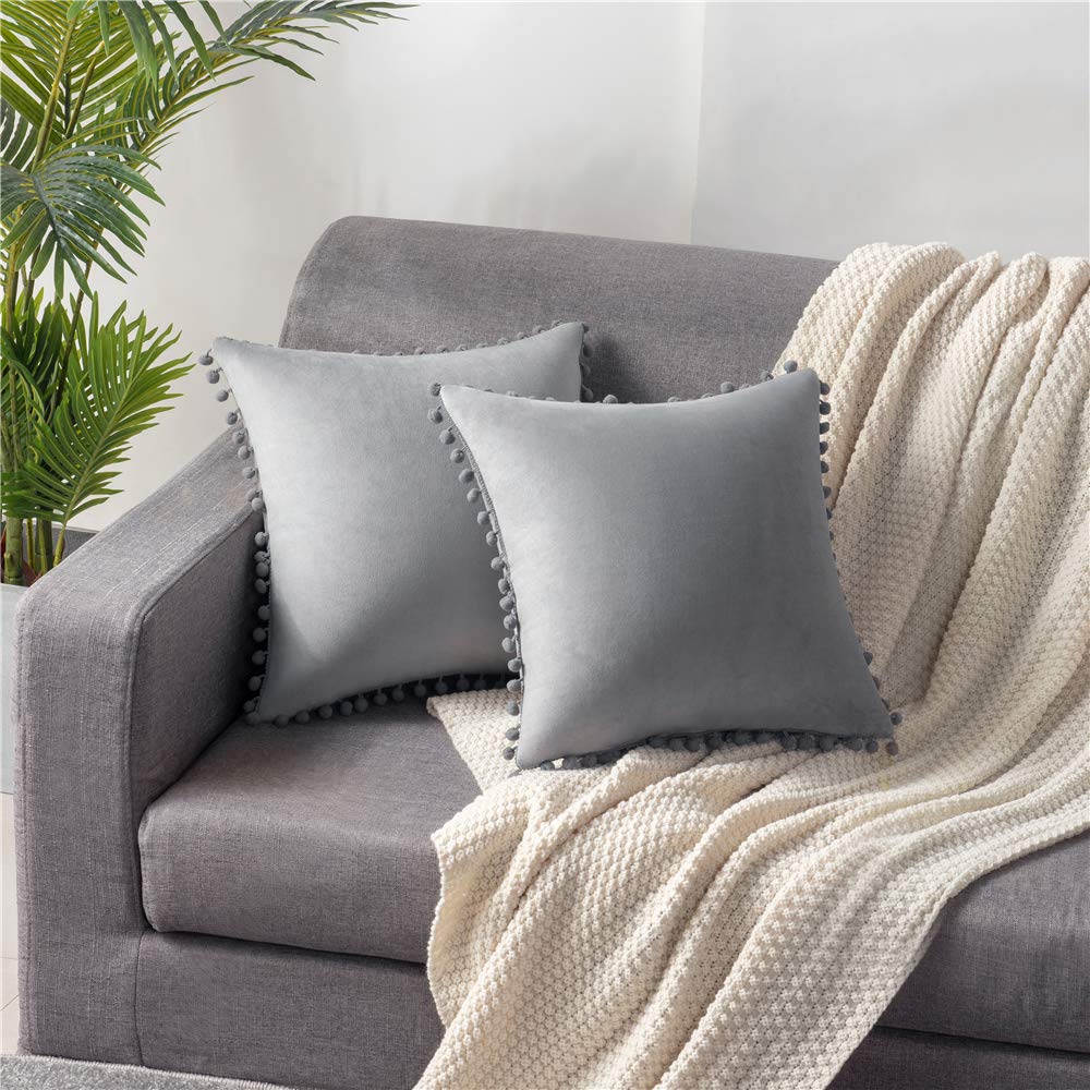 DEZENE Decorative Pillow Cases 18x18 Light-Grey: 2 Pack Cozy Soft Pom-poms Velvet Square Throw Pillow Covers for Farmhouse Home Decor