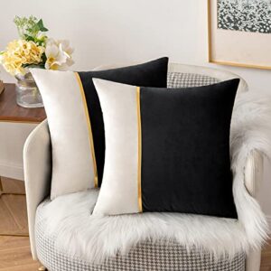 miulee pack of 2 decorative velvet throw pillow covers patchwork with gold leather square soft solid pillowcases couch pillows cushion covers for bed sofa living room 18 x 18 inch black