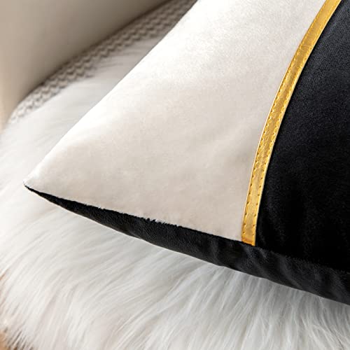 MIULEE Pack of 2 Decorative Velvet Throw Pillow Covers Patchwork with Gold Leather Square Soft Solid Pillowcases Couch Pillows Cushion Covers for Bed Sofa Living Room 18 X 18 Inch Black