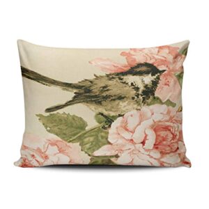 onging decorative pillowcases vintage black white bird blush pink roses flowers customizable cushion rectangle boudoir size 12x16 inch throw pillow cover case hidden zipper one side design printed