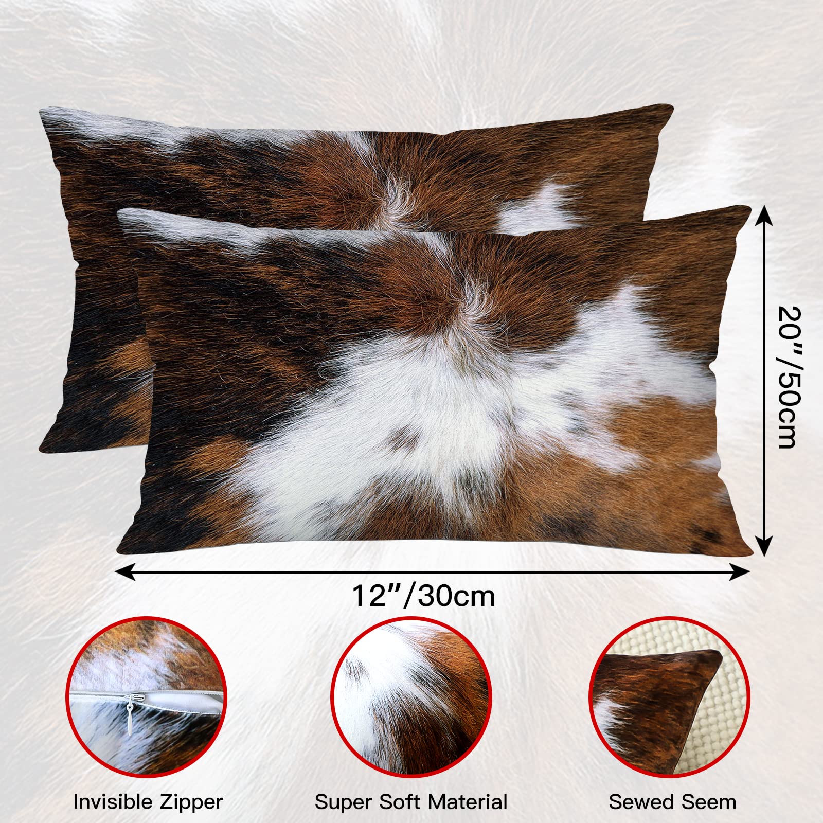 OTOSTAR Throw Pillow Covers Cowhide Decorative Pillow Covers 12x20 Inch Cozy Soft Velvet Pillowcase Rectangle Set Cushion Case for Couch Home Living Room Sofa Bedroom Car Decor Set of 2 (Cowhide B)