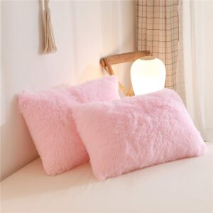 faux fur pink fluffy pillow case, soft pink decorative fuzzy pillow case, cute fluffy pillow covers for home bedroom living room, zipper closure, set of 2 (pink, standard 20"x 26")