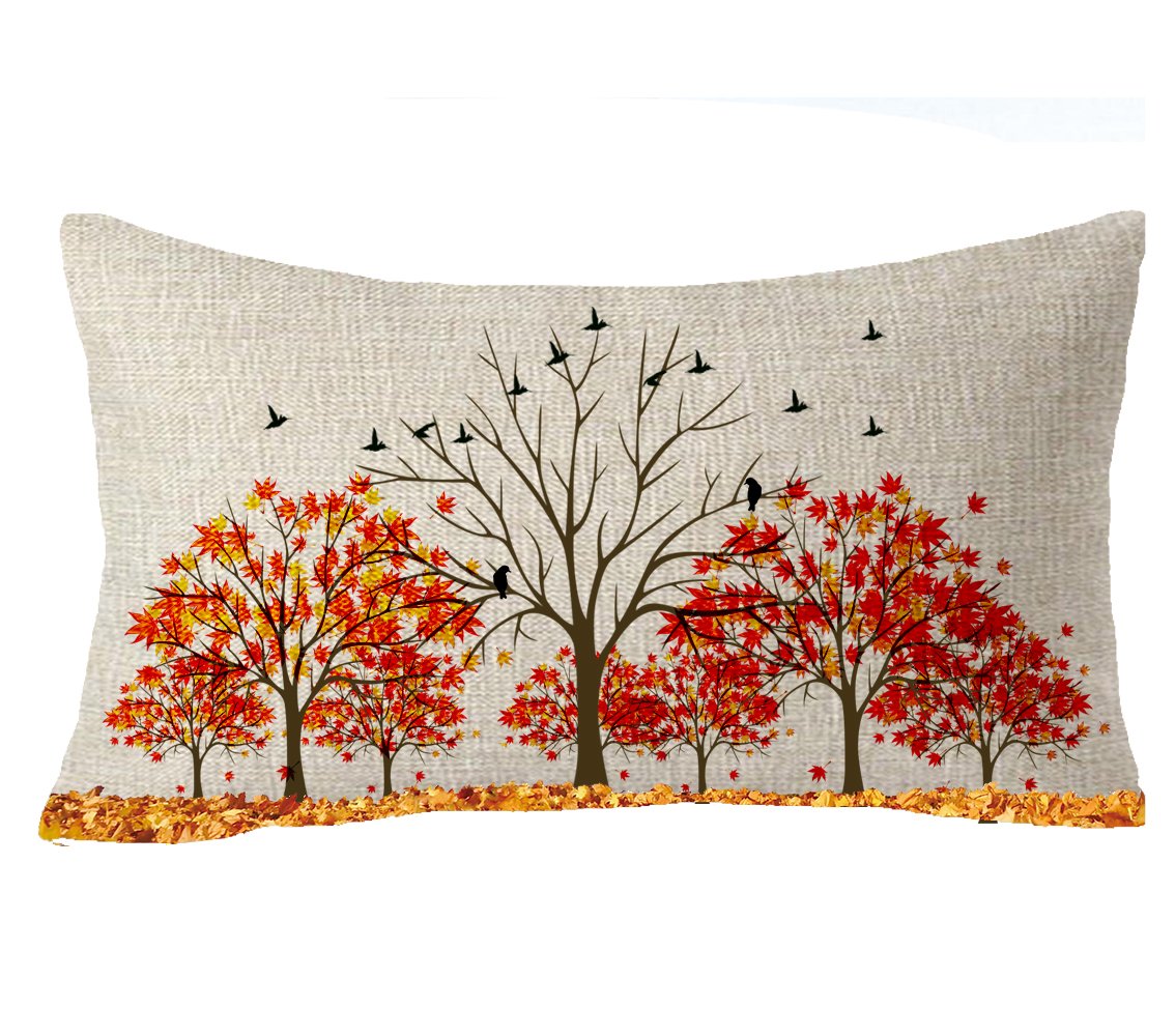 FELENIW Happy Fall Y'all Golden Autumn Red Maple Leaves Family Home Gift Throw Pillow Cover Cushion Case Cotton Linen Material Decorative Lumbar 12" x 20'' inches