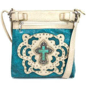 justin west tooled turquoise stone cross laser cut crossbody messenger bag handbag purse with concealed carry and phone slot (turquoise)