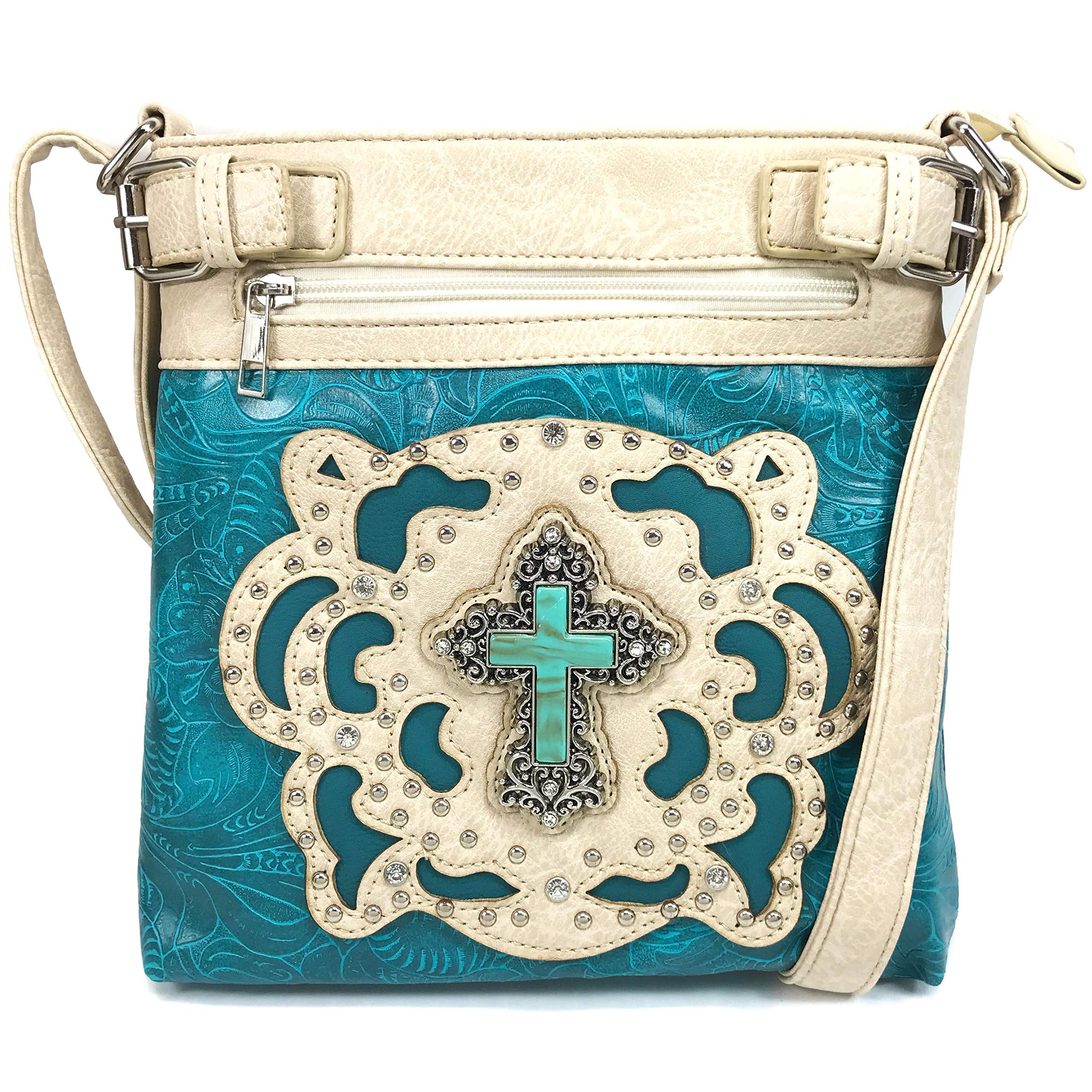 Justin West Tooled Turquoise Stone Cross Laser Cut Crossbody Messenger Bag Handbag Purse with Concealed Carry and Phone Slot (Turquoise)