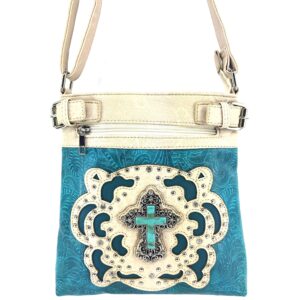 Justin West Tooled Turquoise Stone Cross Laser Cut Crossbody Messenger Bag Handbag Purse with Concealed Carry and Phone Slot (Turquoise)