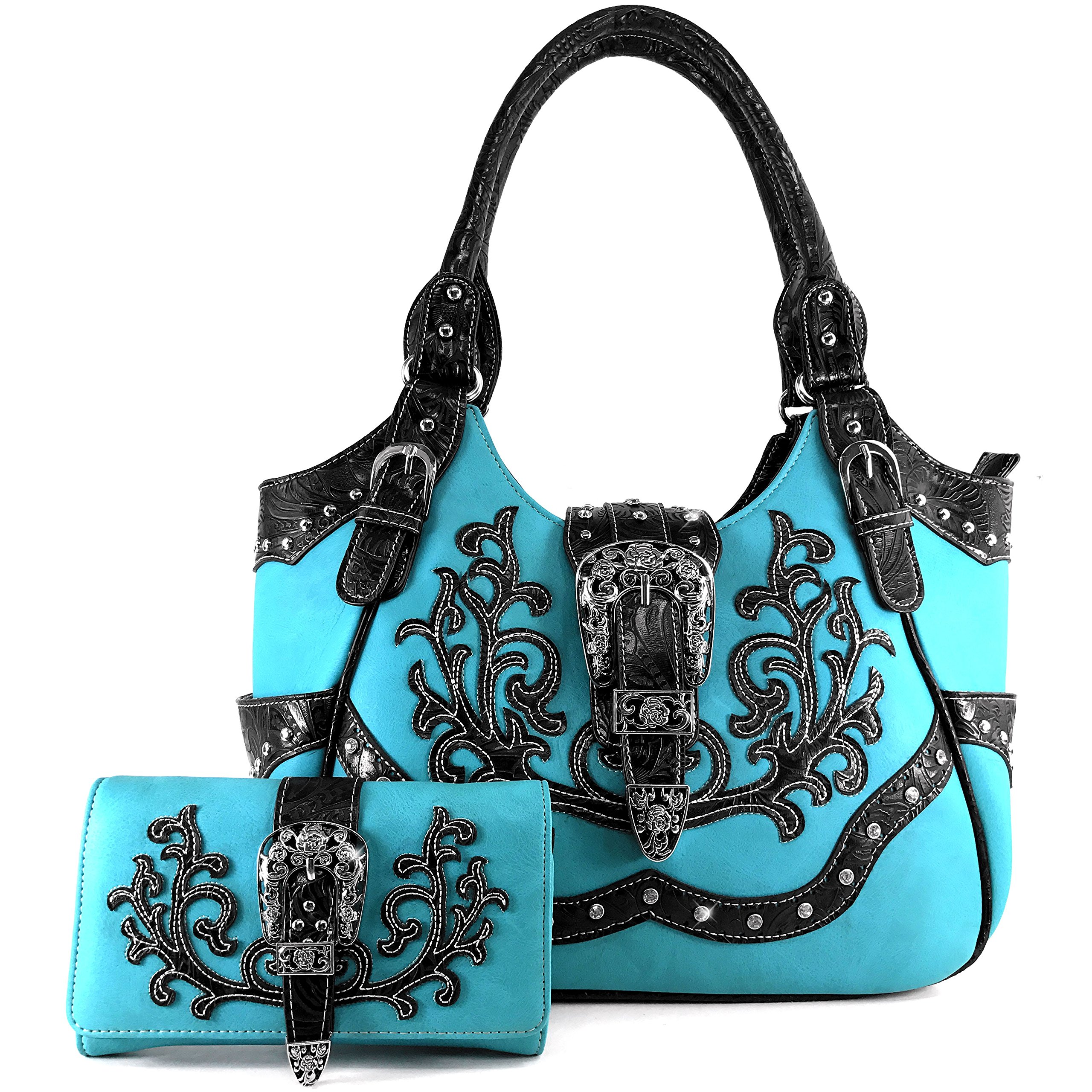 Justin West Tooled Laser Cut Leather Floral Embroidery Rhinestone Buckle Studded Shoulder Concealed Carry Tote Style Handbag Purse (Turquoise Purse and Wallet Set)