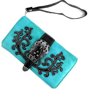 Justin West Tooled Laser Cut Leather Floral Embroidery Rhinestone Buckle Studded Shoulder Concealed Carry Tote Style Handbag Purse (Turquoise Purse and Wallet Set)