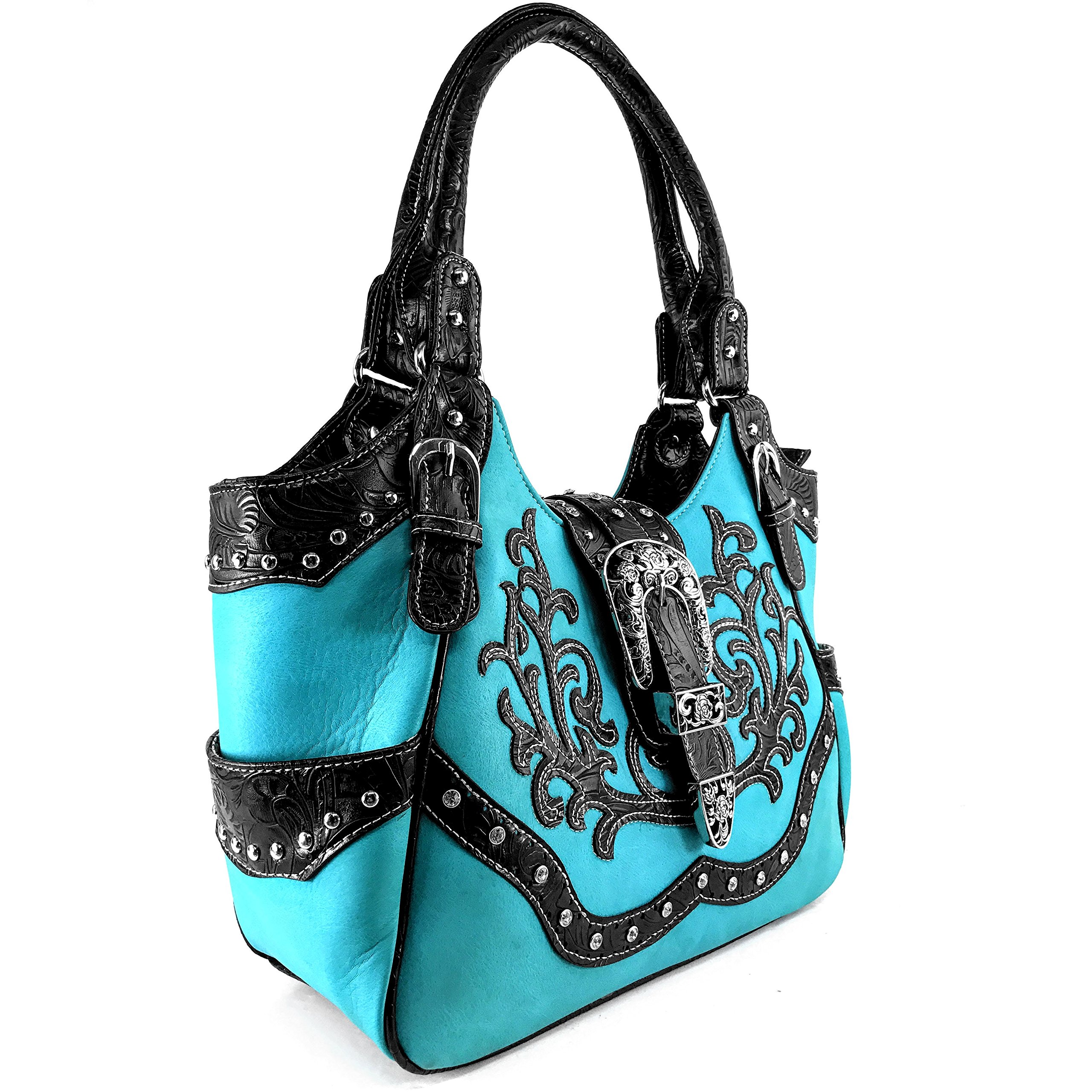 Justin West Tooled Laser Cut Leather Floral Embroidery Rhinestone Buckle Studded Shoulder Concealed Carry Tote Style Handbag Purse (Turquoise Purse and Wallet Set)