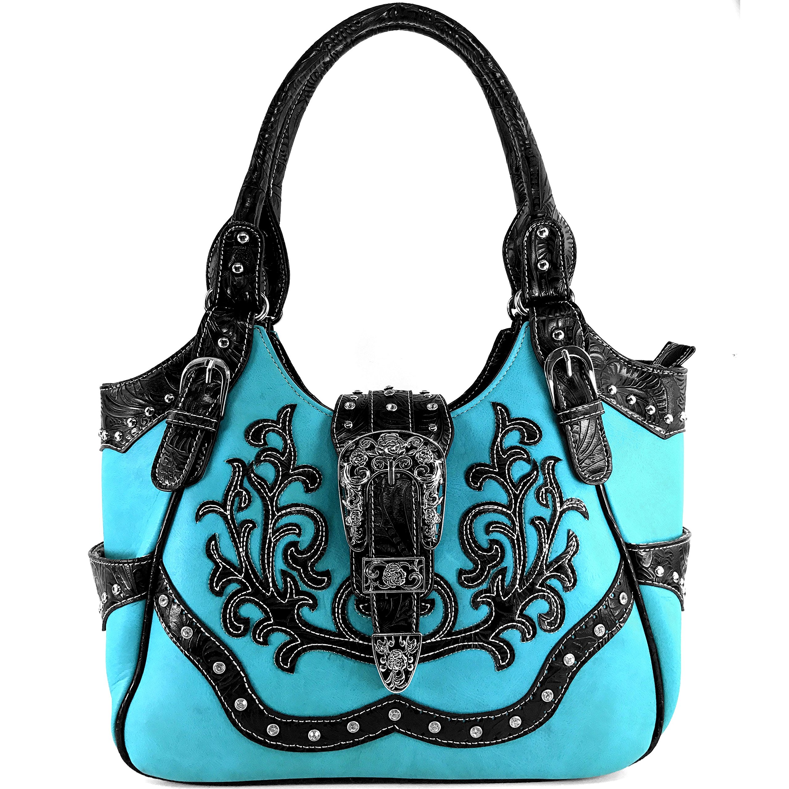 Justin West Tooled Laser Cut Leather Floral Embroidery Rhinestone Buckle Studded Shoulder Concealed Carry Tote Style Handbag Purse (Turquoise Purse and Wallet Set)