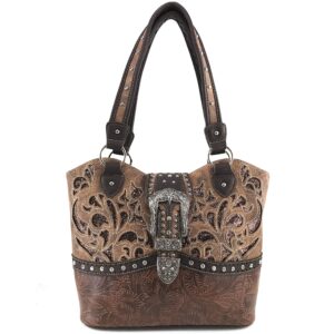 justin west tooled laser cut leather floral embroidery rhinestone buckle studded shoulder concealed carry tote style handbag purse (brown brown purse)