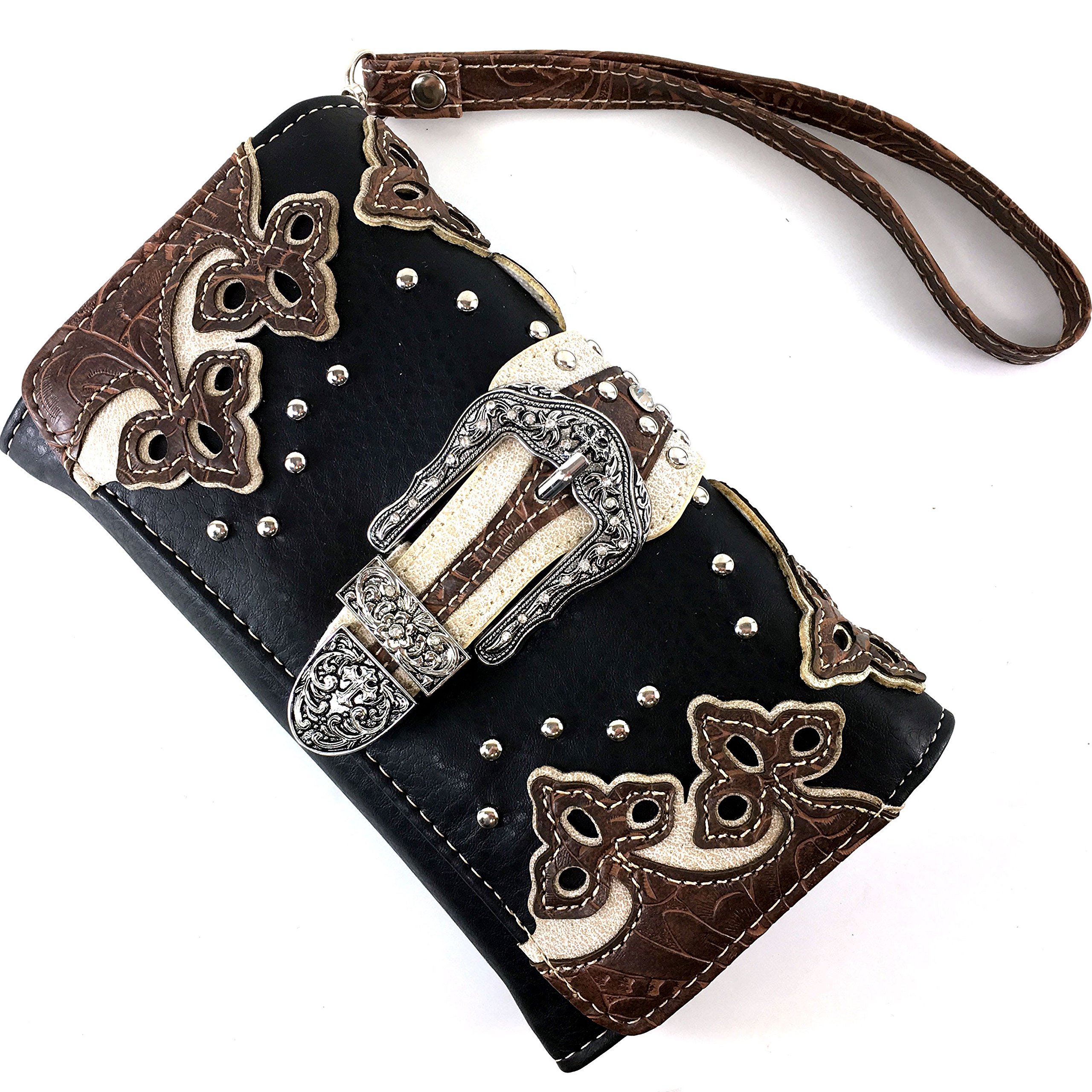 Justin West Western Purse Tooled Laser Cut Floral Design Studs Rhinestone Buckle Concealed Carry Handbag With Trifold Wristlet Cross Body Strap Wallet Set (Black White)