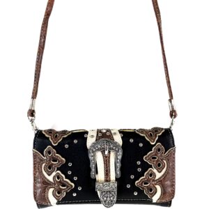 Justin West Western Purse Tooled Laser Cut Floral Design Studs Rhinestone Buckle Concealed Carry Handbag With Trifold Wristlet Cross Body Strap Wallet Set (Black White)