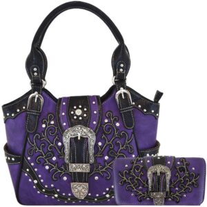 western style tooled leather buckle concealed carry purse country handbag women shoulder bag wallet set (#4 purple set)