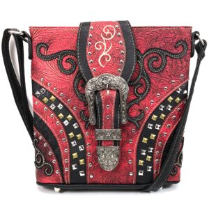 justin west clydesdale tooled leather metal stud buckle conceal carry women handbag purse (red messenger only)