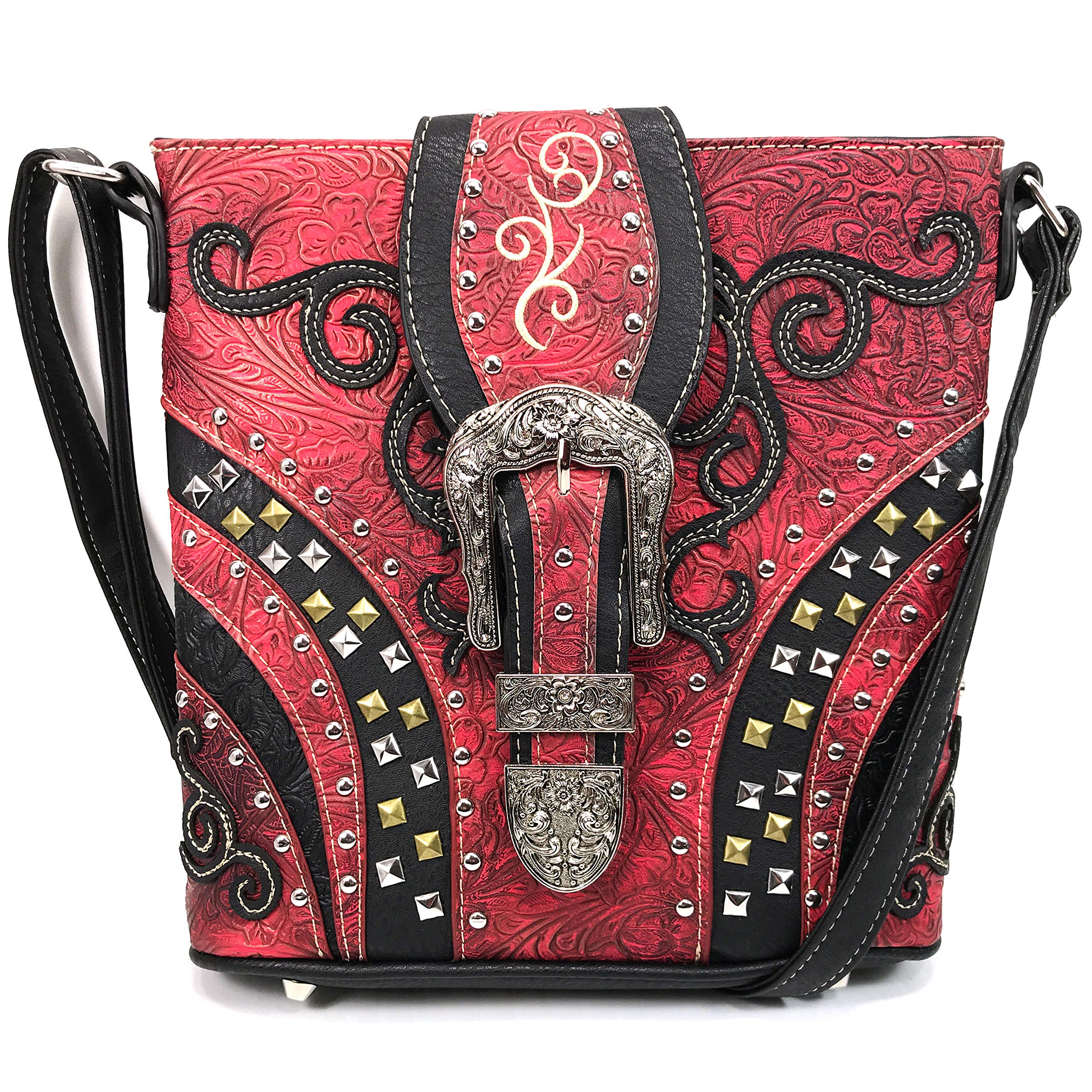 Justin West Clydesdale Tooled Leather Metal Stud Buckle Conceal Carry Women Handbag Purse (Red Messenger Only)