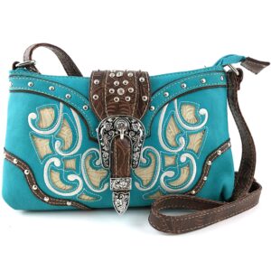 justin west western tooled laser cut rhinestone buckle messenger bag purse with long crossbody strap (turquoise)