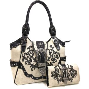 zelris american albino western floral buckle conceal carry women tote purse handbag with crossbody wallet set (beige)