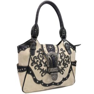 Zelris American Albino Western Floral Buckle Conceal Carry Women Tote Purse Handbag with Crossbody Wallet Set (Beige)